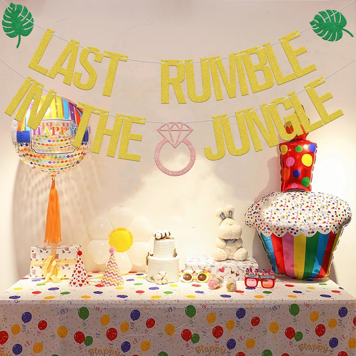 Last Rumble Banner, Jungle Bachelorette Decorations, Let's Get Wild Banner, Tropical Jungle Theme Bridal Shower Party Decors Supplies Gold & Green Glitter