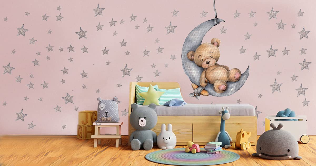 DEKOSH Moon & Stars Nursery Wall Decal with Sleepy Bear for Baby Nursery Decor