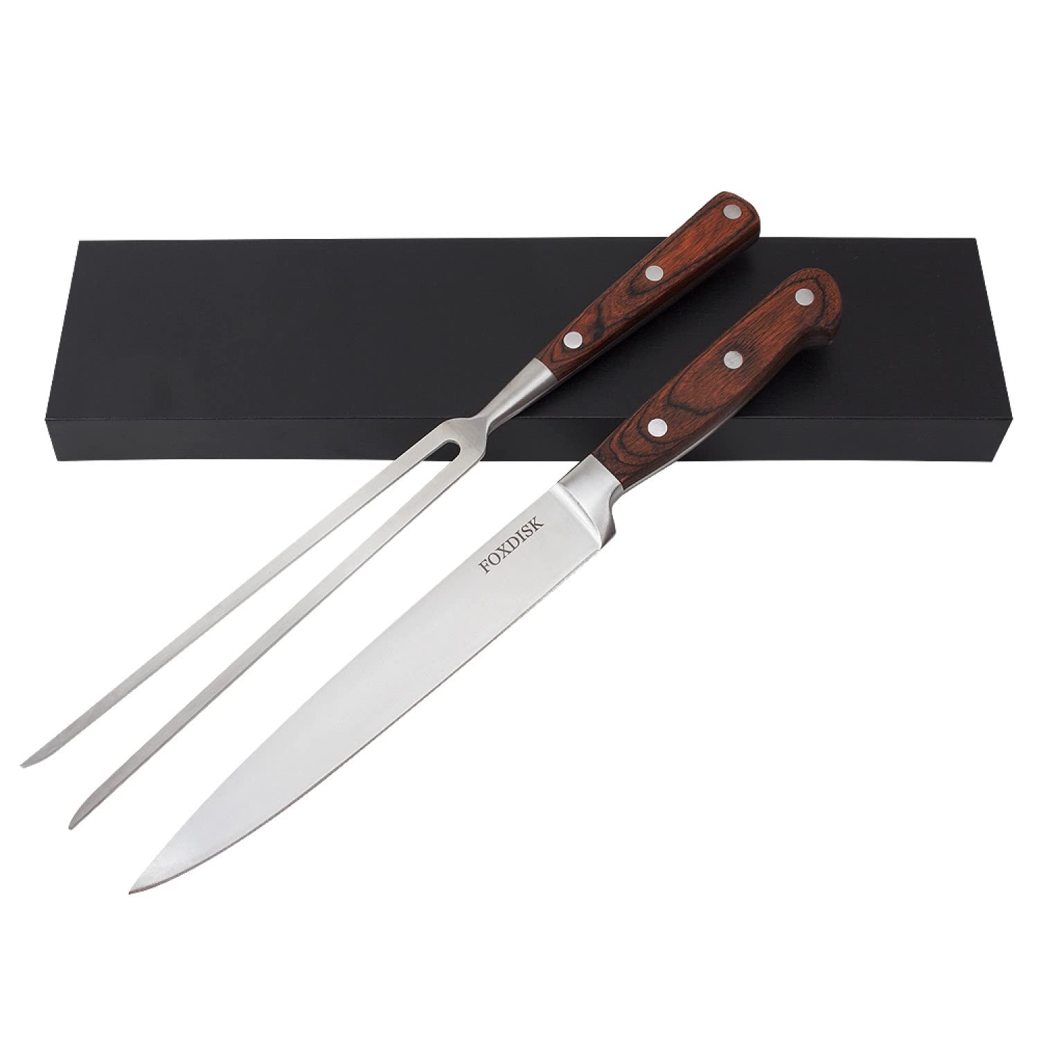 FOXDISK 2 Piece Carving Knife and Fork Set, Carving Set for Barbecue, Cutting Meat and Turkey, Stainless Steel Camping Cooking BBQ Cutter Carving Fork with Gift Box - Wooden Handle