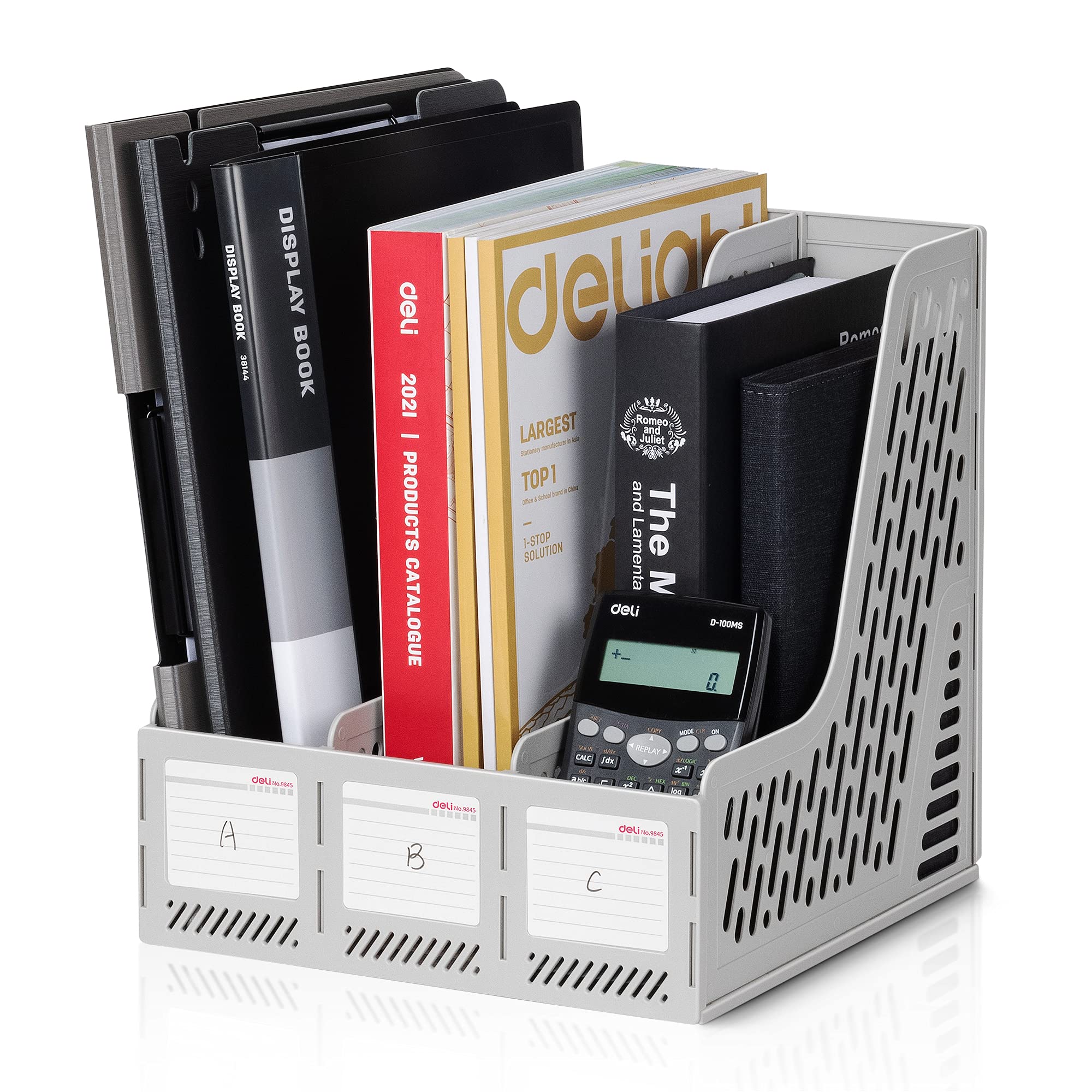 deli Magazine File Holder, Desk Organizer File Folder for Office Organization and Storage, Sturdy Plastic Binder Organizer, 4 Vertical Compartments, Black