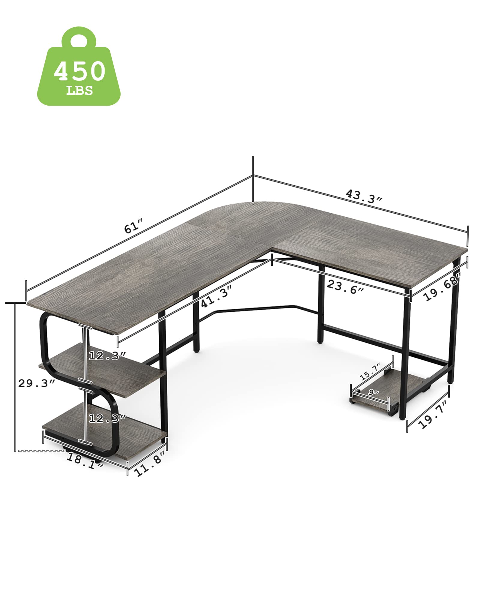 Teraves Reversible L Shaped Desk with Large Surface, 61 Inch Sturdy Corner Desk with Storage Shelves, Premium Office Computer Desk Workstation for Home Office Gaming