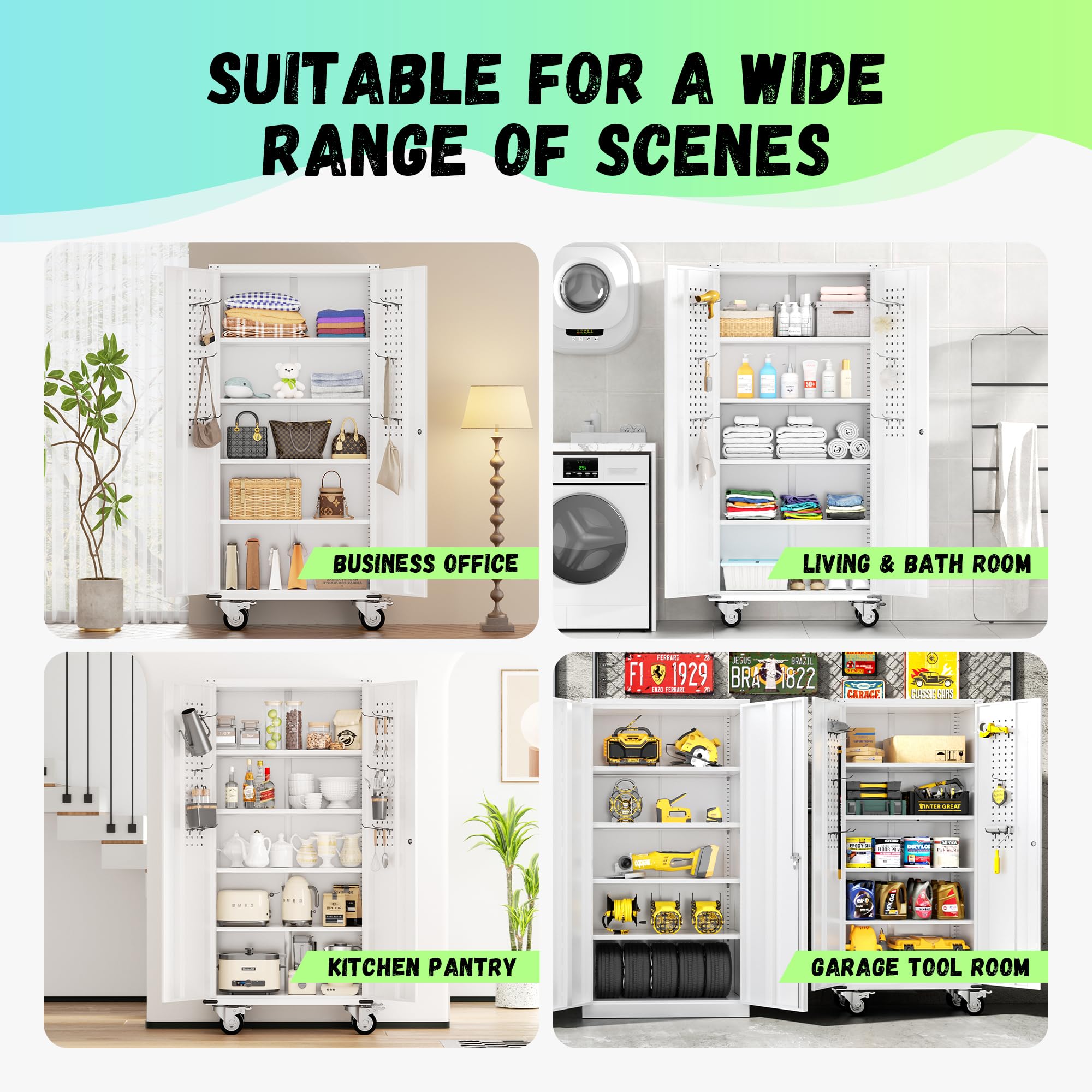 INTERGREAT 72" Metal Garage Storage Cabinet with Wheels, White Steel Locking Cabinet with 2 Adjustable Shelves and Doors, Rolling Metal Tool Cabinet for Home, Office, School, Garage