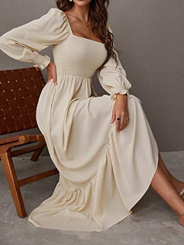 WDIRARA Women's Square Neck Flounce Shirred Ruffle Hem Elegant Long Sleeve Maxi Dress Apricot L