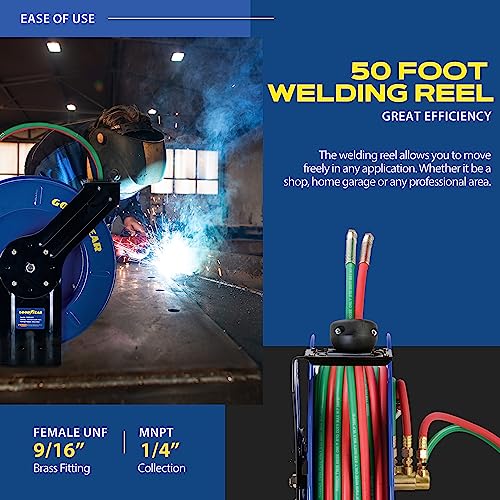 Goodyear Welding Hose Reel Retractable 1/4" Inch x 50’ Foot Twin Oxygen Acetylene Rubber Hoses STD Duty Max 300PSI Heavy Duty Industrial Single Arm Construction