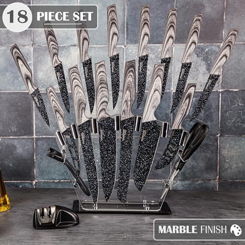nuovva Professional Kitchen Knife Set with Block - Granite 18 Pcs with Knives Sharpener Peeler and Scissors - Clear Acrylic Block High Carbon Stainless Steel Blades Wood Affect Handle
