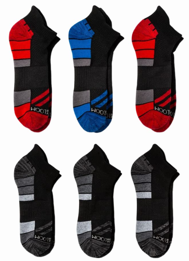 Fruit of the Loom Mens Breathable Performance Cushion Low Cut Tab Socks 6 Pair, Red/Black/Blue, Men's Shoe Size: 6-12