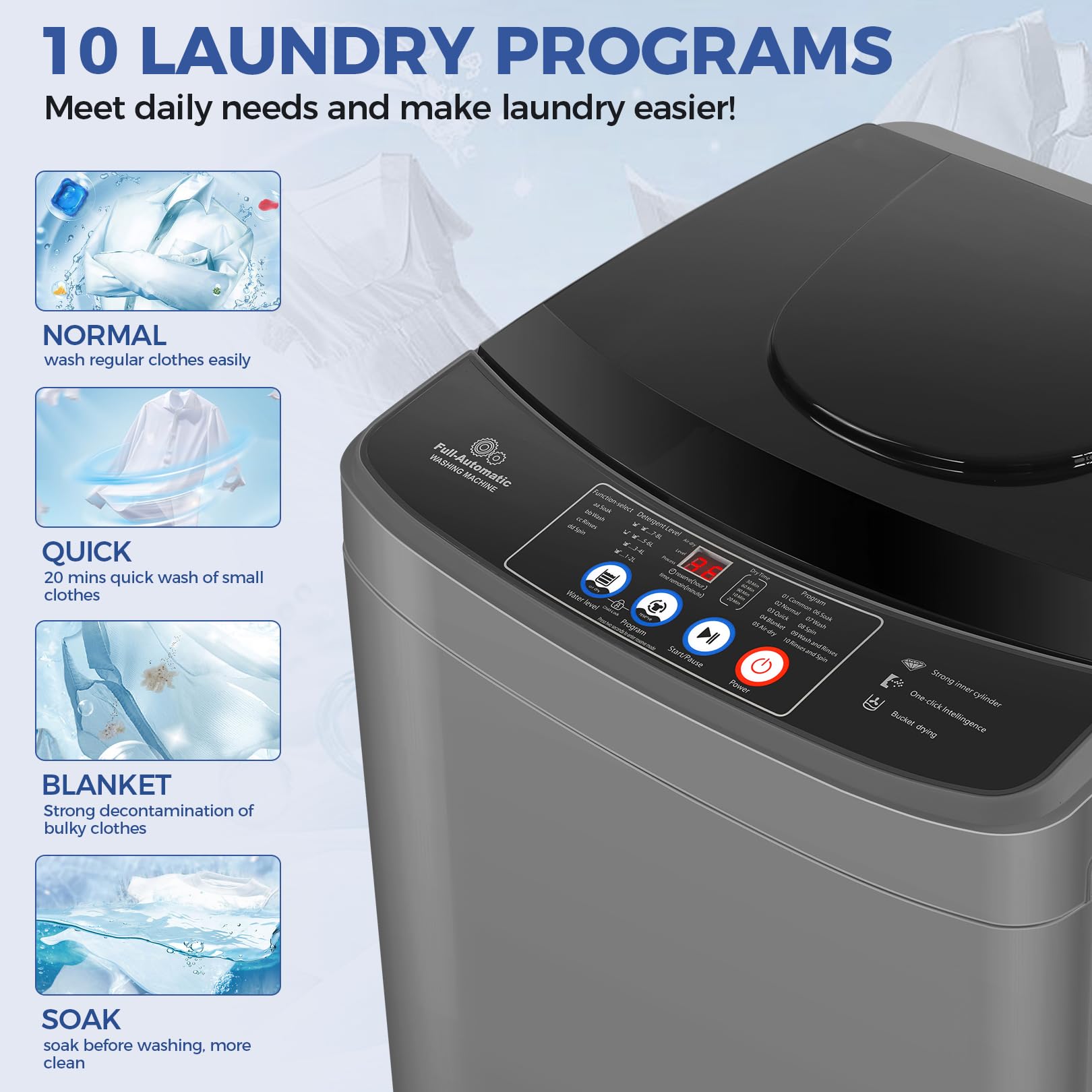 Nictemaw Portable Washing Machine, 15.6Lbs Capacity Full-Automatic Portable Washer with Drain Pump, 2.1Cu.ft Washer and Dryer Combo with LED Display, 10 Programs & 8 Water Levels for Apartment Dorms
