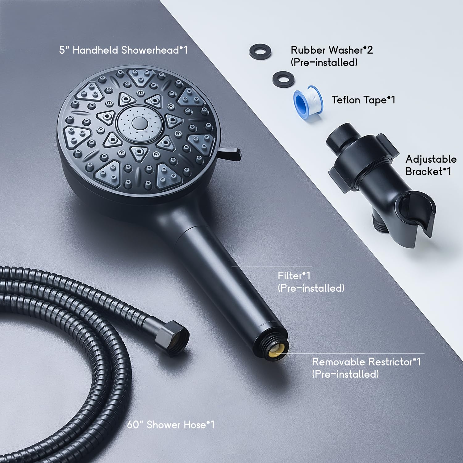 InoFlow High Pressure Filtered Shower head with Handheld 7 Modes, 5β High Flow Hand Held Hydro Rain Showerhead with 60" Stainless Steel Hose and Adjustable Bracket, Matt Black