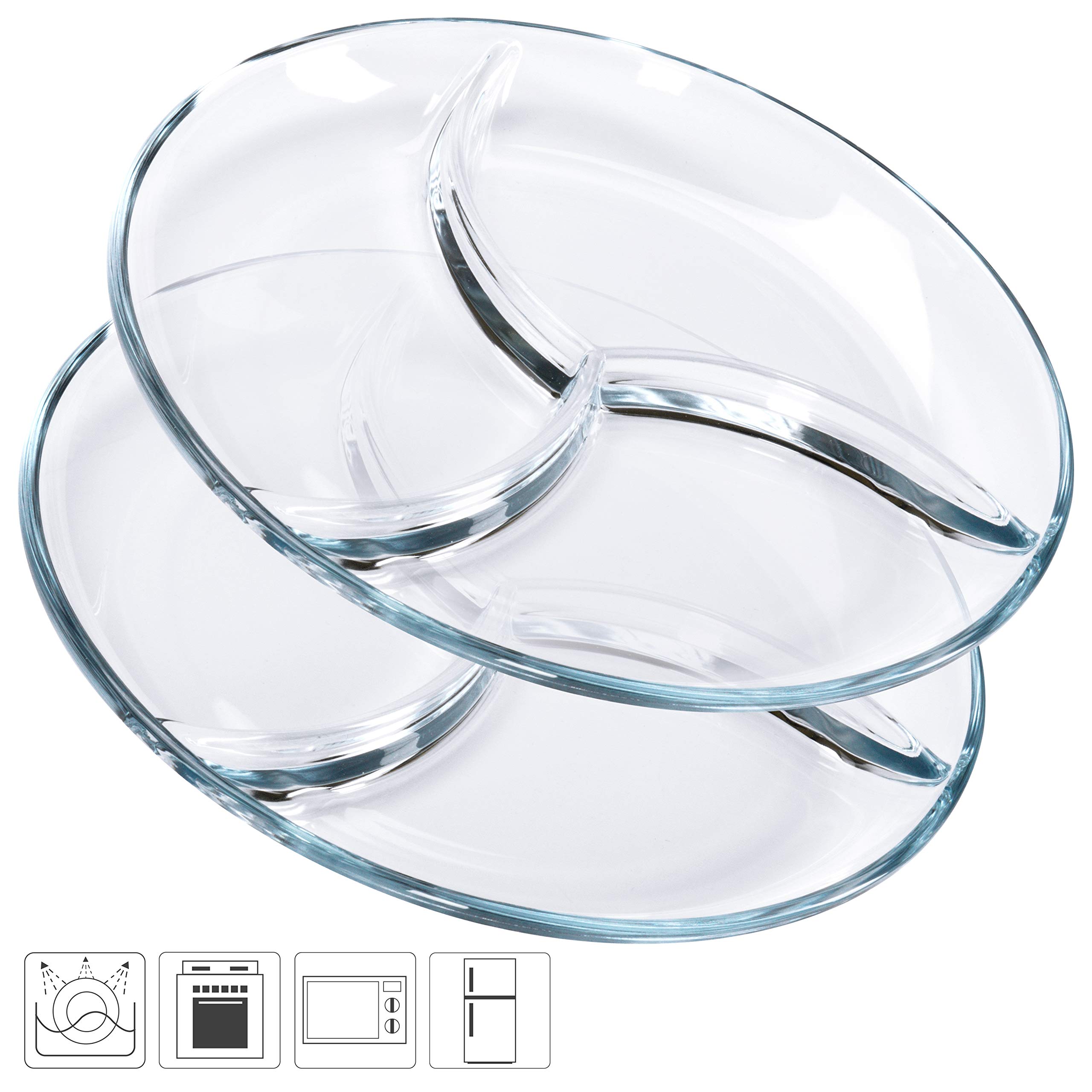 FOYO Round Tempered Glass Serving Platters/Trays - 3 Sectional -10'' Diameter, Set of 2
