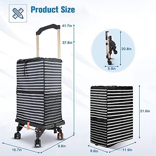 Folding Hand Truck Portable Dolly Utility Cart Rolling Crate with 4 Rotate Wheels 80KG/176Lbs Heavy Duty Handcart Removable Bag Telescoping Handle for Moving Shopping Grocery Office Use(Black&White)
