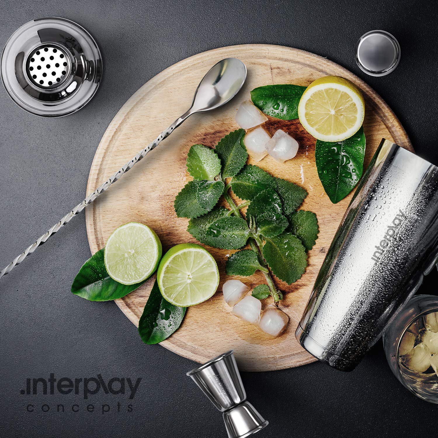 Interplay Concepts 25oz Cocktail Shaker - Large Drink Shaker for Perfect Drinks - Stainless Steel Martini Shaker with Built in Strainer, Jigger & Spoon - Professional Cocktail Shaker Set for Mixing