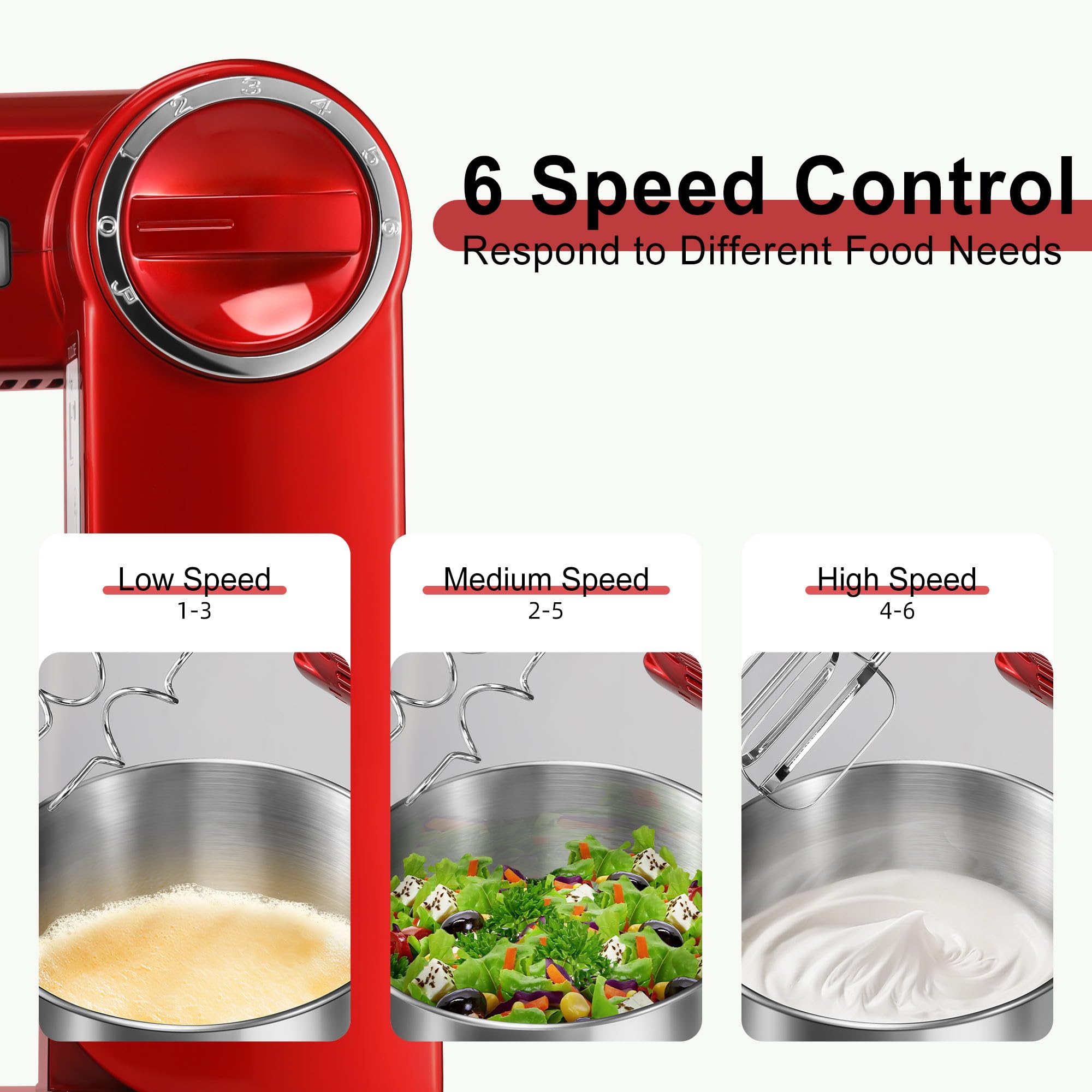 HousesAid Foldable Stand Mixer, 3.7QT Electric Kitchen Mixer, 6 Speeds with Dough Hook & Beater, Space-Saving Design for Small Kitchen, Ideal for Baking & Daily Use, Red