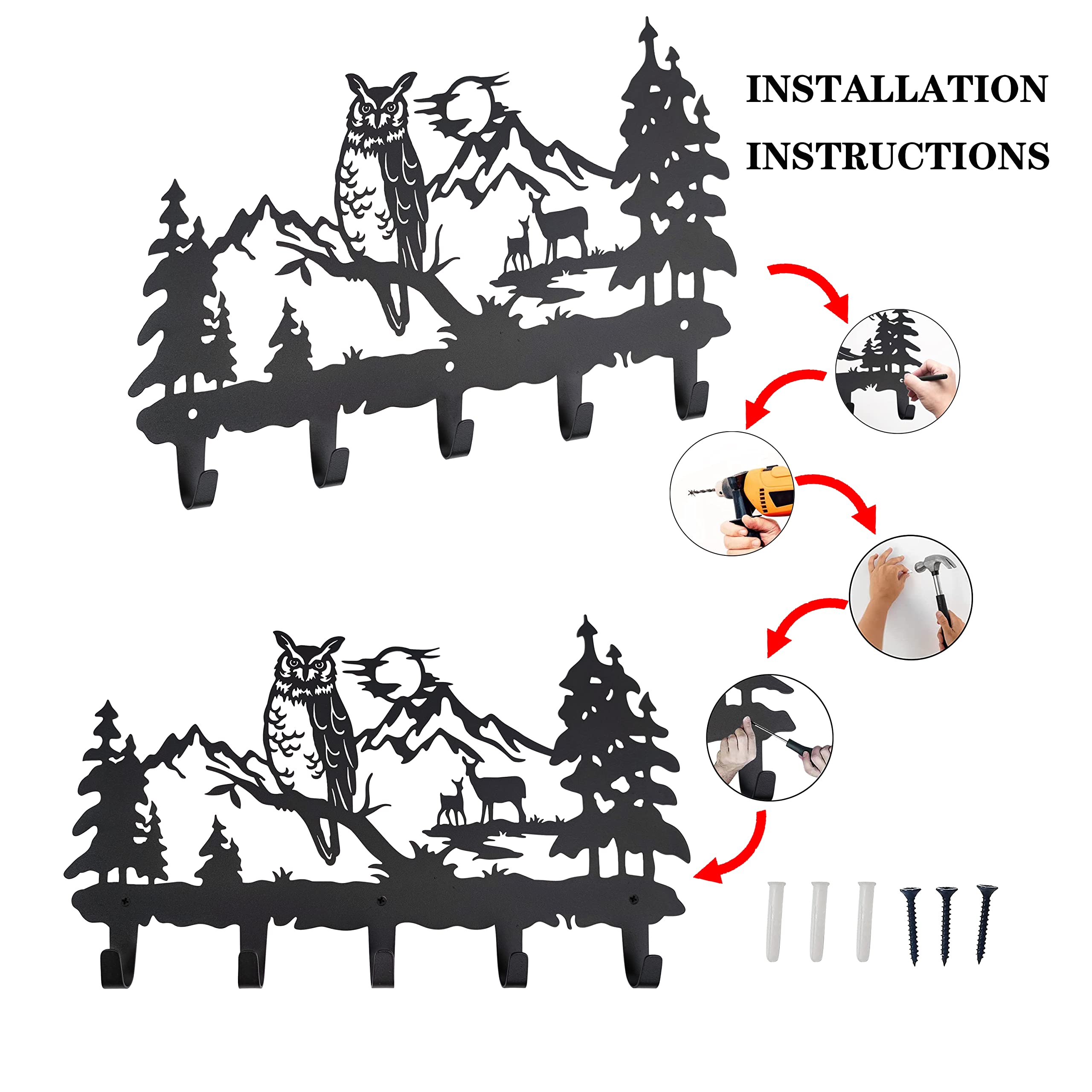 Metal Wolf Hooks Wall Art Decor- Wolf Family Hangers and Key Holder-Apply to Storage, Living Room, Hallway, Office, hut Decorative Hook Coat Rack and Backpack Hook (Black)