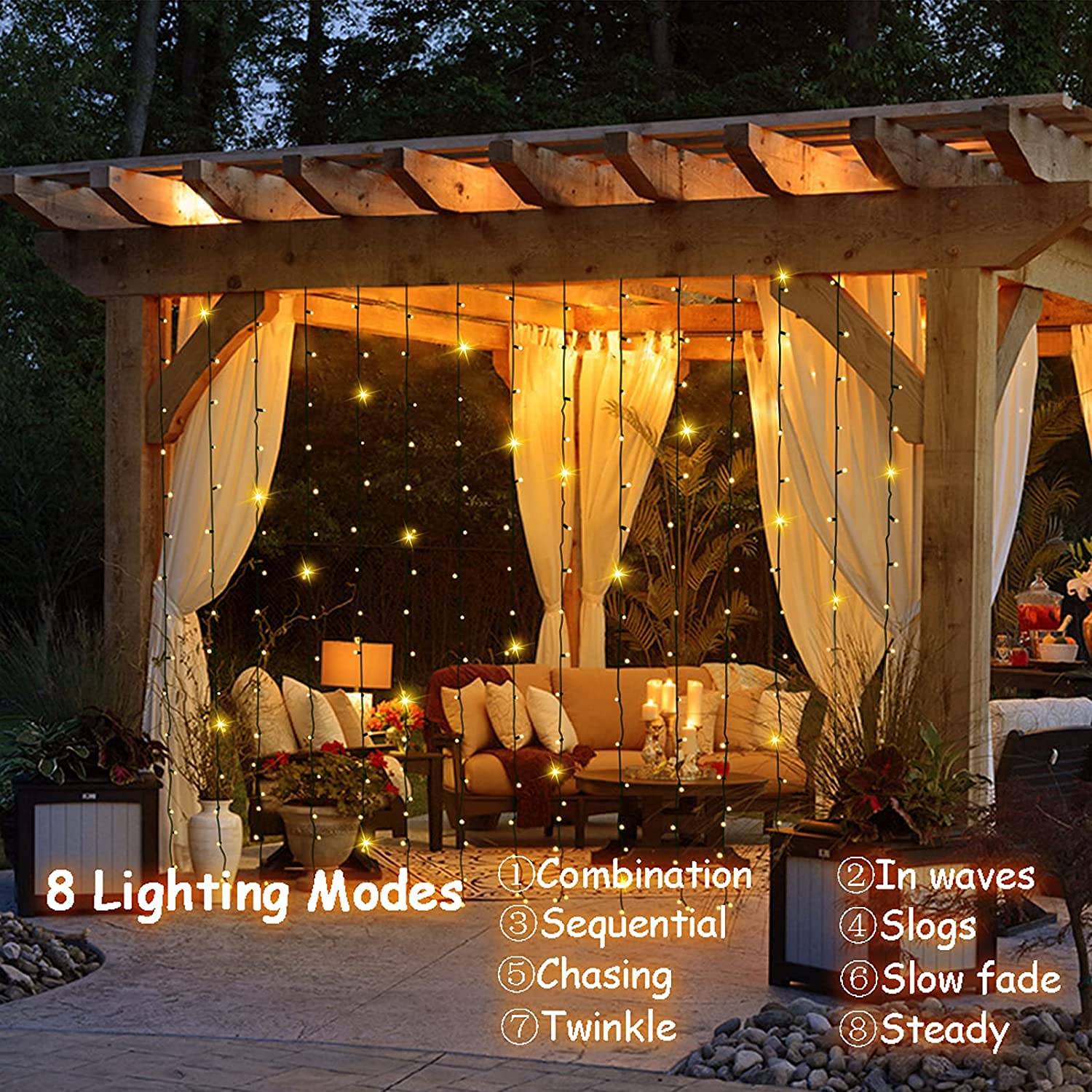 echosari Solar Curtain Icicle Lights 6.6×6.6ft 200 LED 8 Modes Solar Powered LED Window Curtain String Lights for Wedding Garden, Patio, Home, Party Backdrop Outdoor Wall Decoration (Warm White)