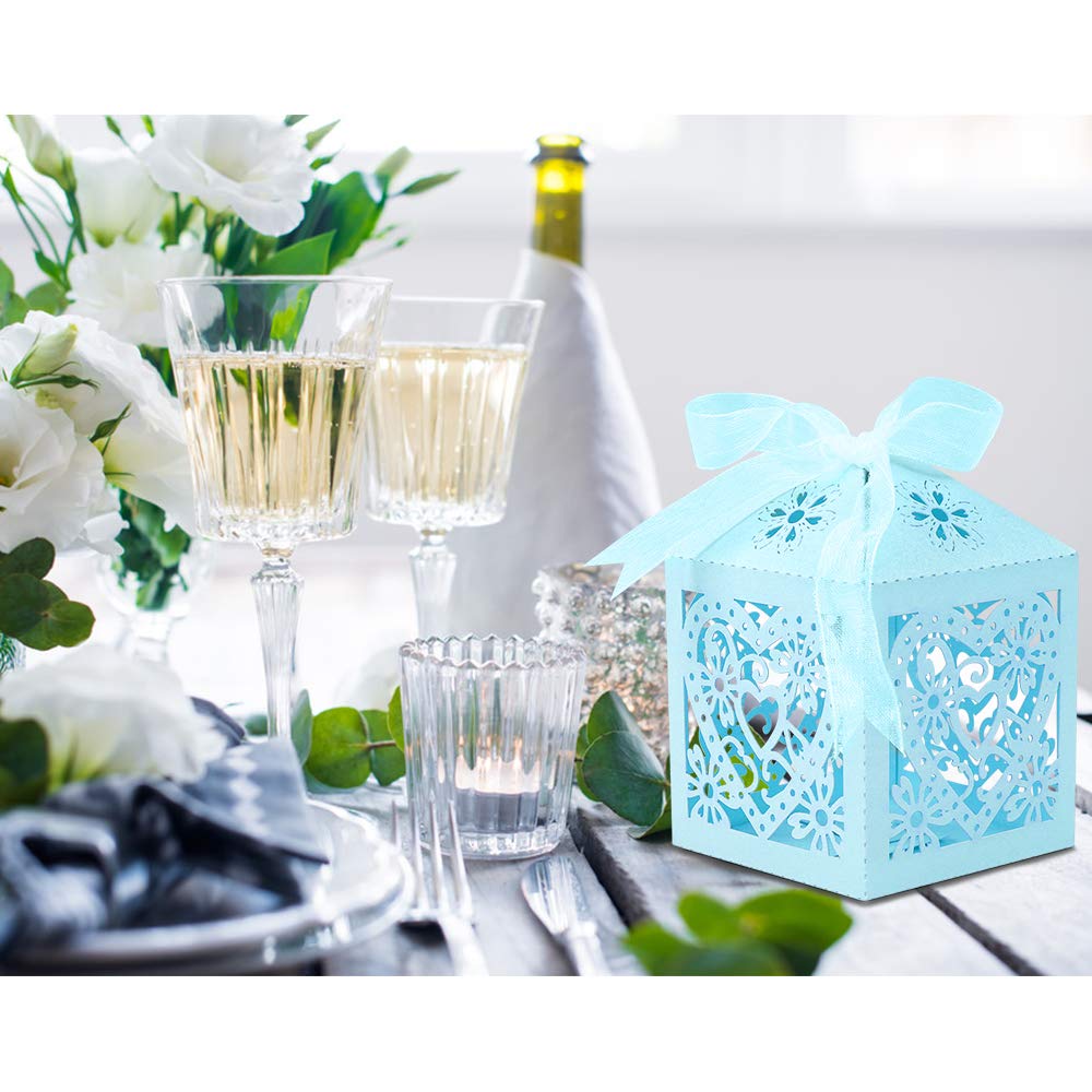Lucky Monet 25/50/100PCS Love Heart Laser Cut Wedding Candy Gift Box Chocolate Box for Wedding Favor Birthday Party Bridal Shower with Ribbon (100pcs, Blue #01)