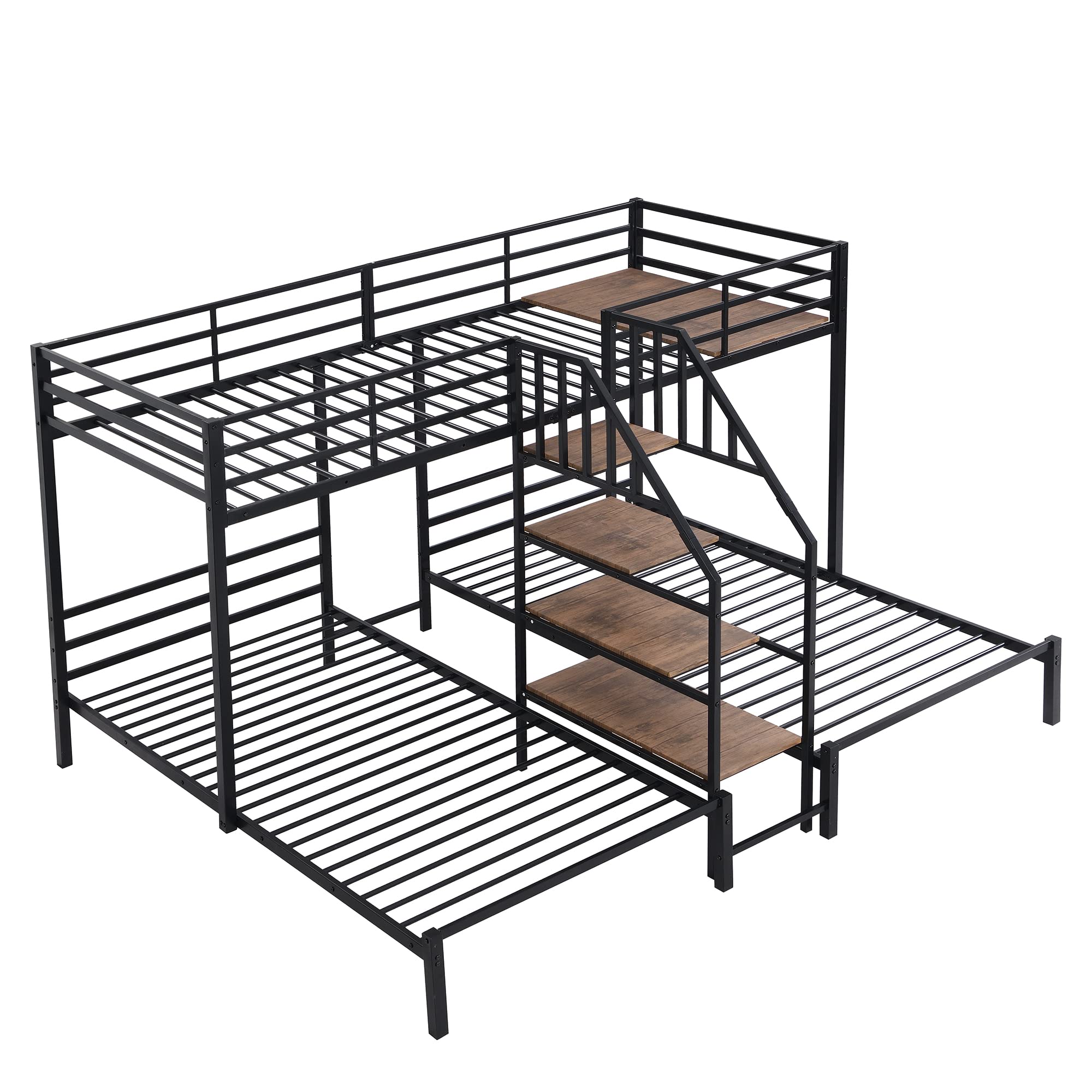Polibi L-Shaped Twin Size Metal Triple Bunk Bed with Storage Shelves Staircase, Twin Over Twin & Twin Triple Bunk Beds, Black