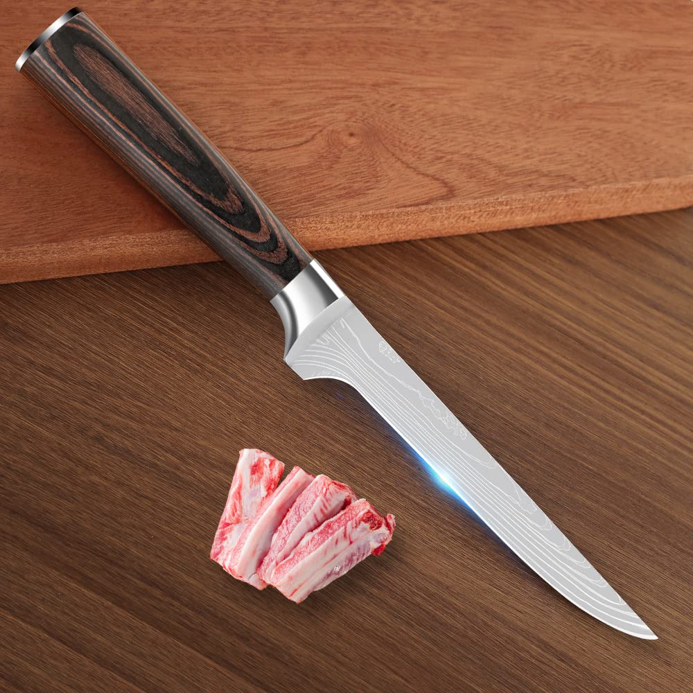 Fseoot Boning Knife Japanese High Carbon Stainless Steel Deboning Knife Professional Kitchen Chef Knife for Meat Fish Poultry Chicken with Ergonomic Handle (Brown)
