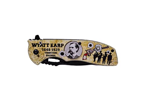 Folding Wyatt Earp Pocket Knife, 4.75 inch Stainless Steel Blade Pocket Knife with Printed portrait of Wyatt Earp (birth from 1848 - 1929)| Legend of the West Collection| with Pocketclip for Camping, Fishing, Hiking, Gifts for Father, Husband