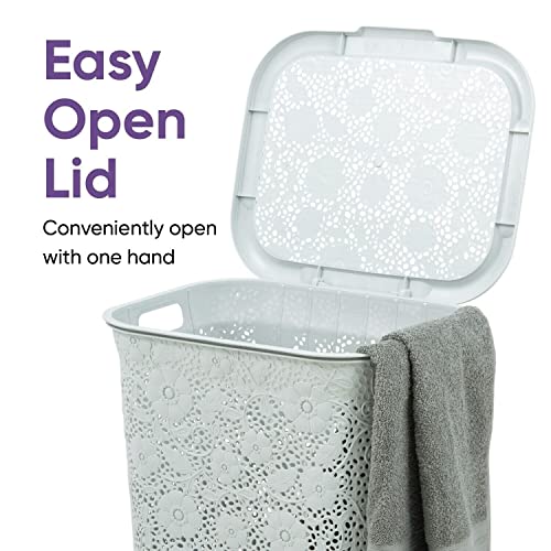 Laundry Hampers with Lid Lace Design 50 Liter (2 Pack) Soft Grey Laundry Hamper Basket with Cutout Handles, Rectangular Shape Modern Style Bin -Dirty Cloths Storage (White Smoke)