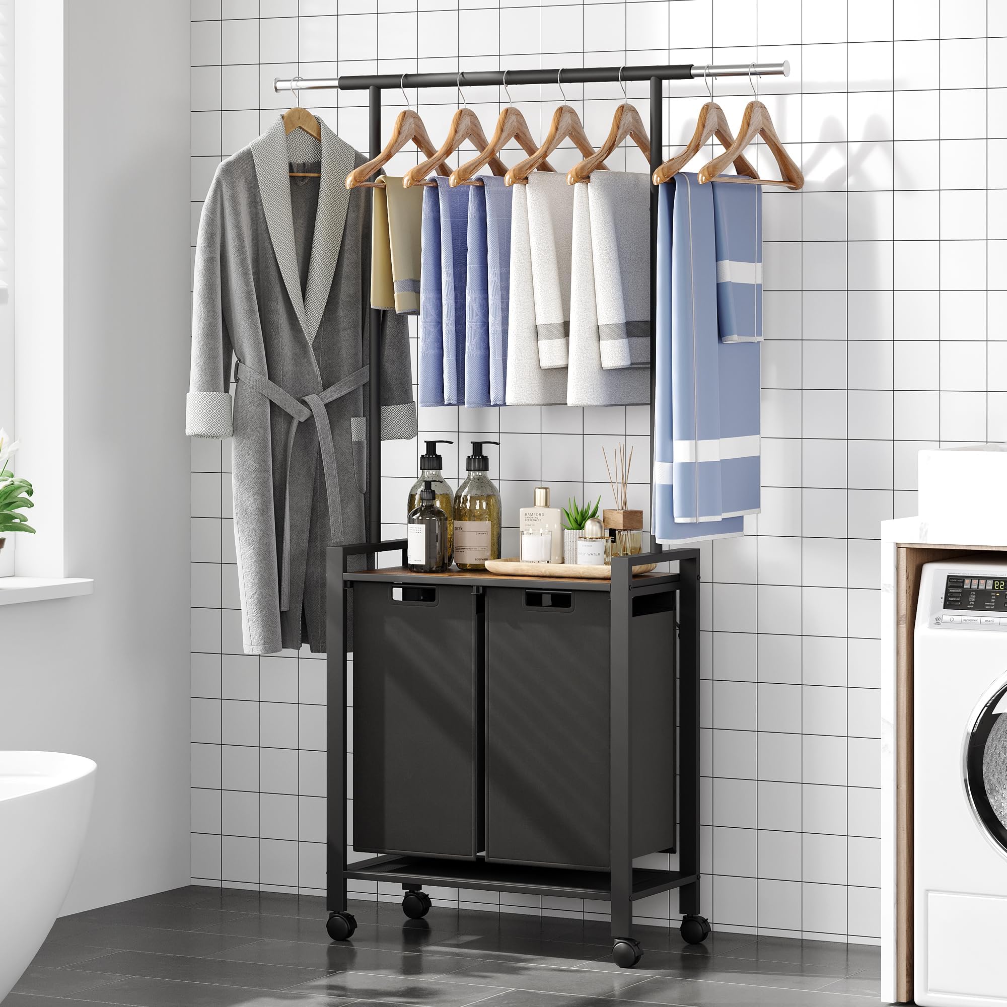 Laundry Hamper Cart with Hanging Bar, 2 x 13 Gal Laundry Sorter, 2 Removable Bags Laundry Baskets with Wood Top Table & Wheels, Laundry Sorter for Laundry Room Organization