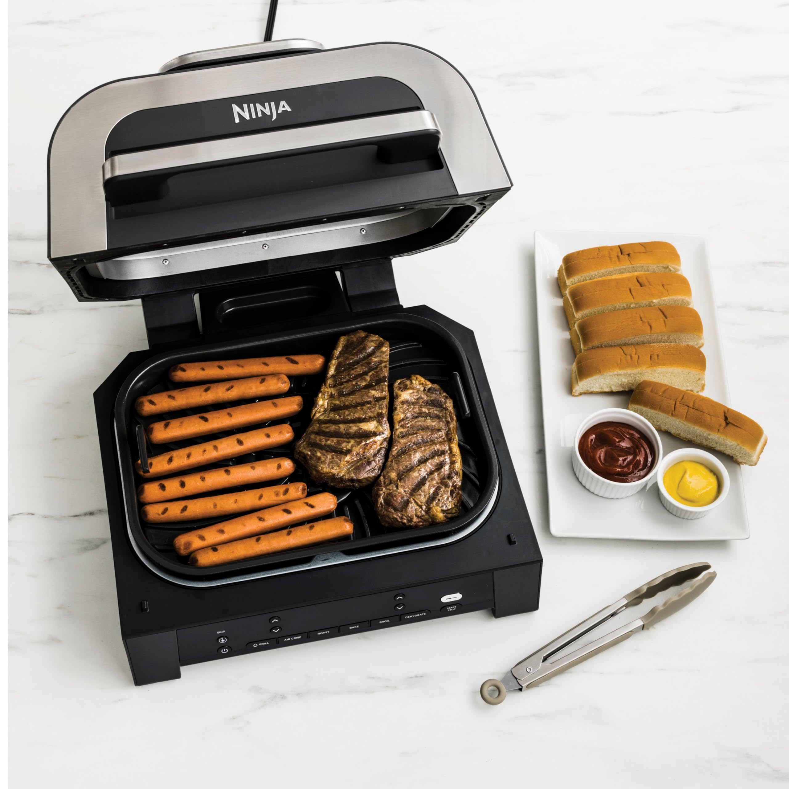 Ninja DG551 Foodi Smart XL 6-in-1 Indoor Grill with Air Fry, Roast, Bake, Broil, & Dehydrate, Foodi Smart Thermometer, 2nd Generation, Black/Silver (Renewed)