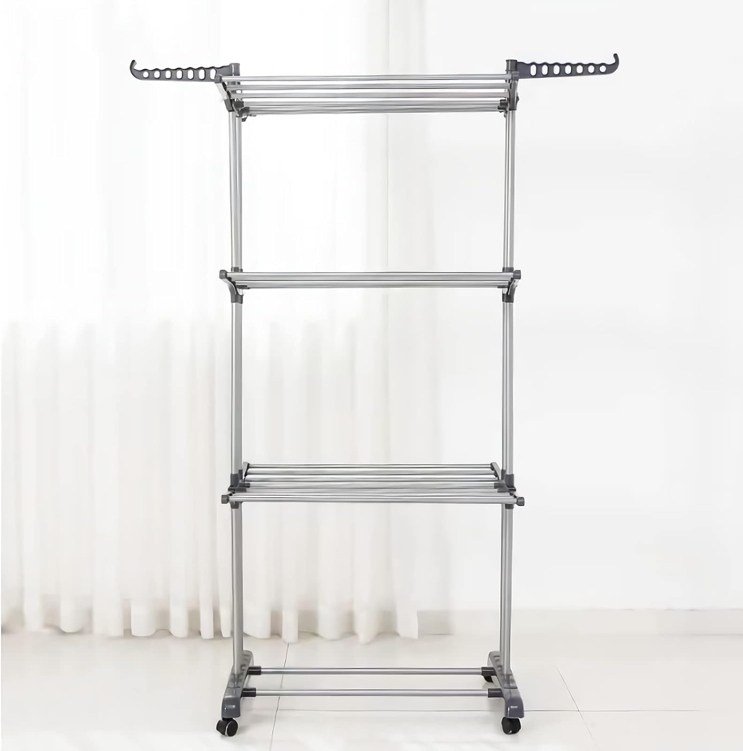KissAir 4-Tier Folding Drying Rack, Clothes Drying Rack, Stainless Steel Free Standing Movable Laundry Rack, Heavy Duty Rack for Clothing, Bed Linen, Grey