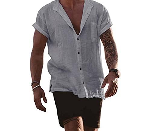 MBETA Cotton and Linen Solid Color Cardigan Loose Short Sleeve Shirt Suitable for Summer Menswear
