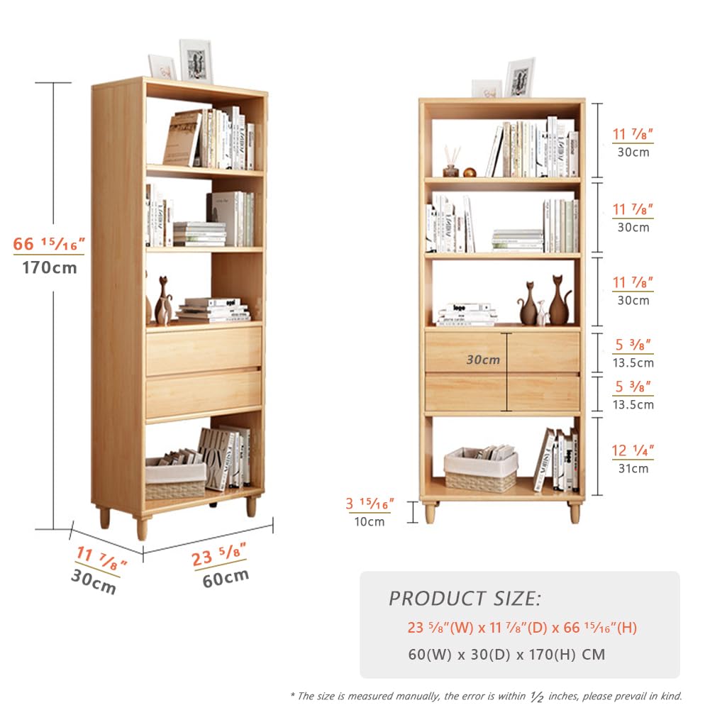 IOTXY Floorstanding Wooden Bookcase with Legs - 67" Tall Open Shelf Cube Billy Bookshelf with Double Drawers for Home and Office, Walnut