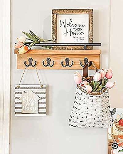 Ripple Creek Mail and Key Holder for Wall, Decorative Wooden Wall Shelf with Hooks, Wall Mounted Coat Rack with Shelf, Keys Organizer, Entryway Hooks with Home Bathroom Kitchen (Light Brown, Large)