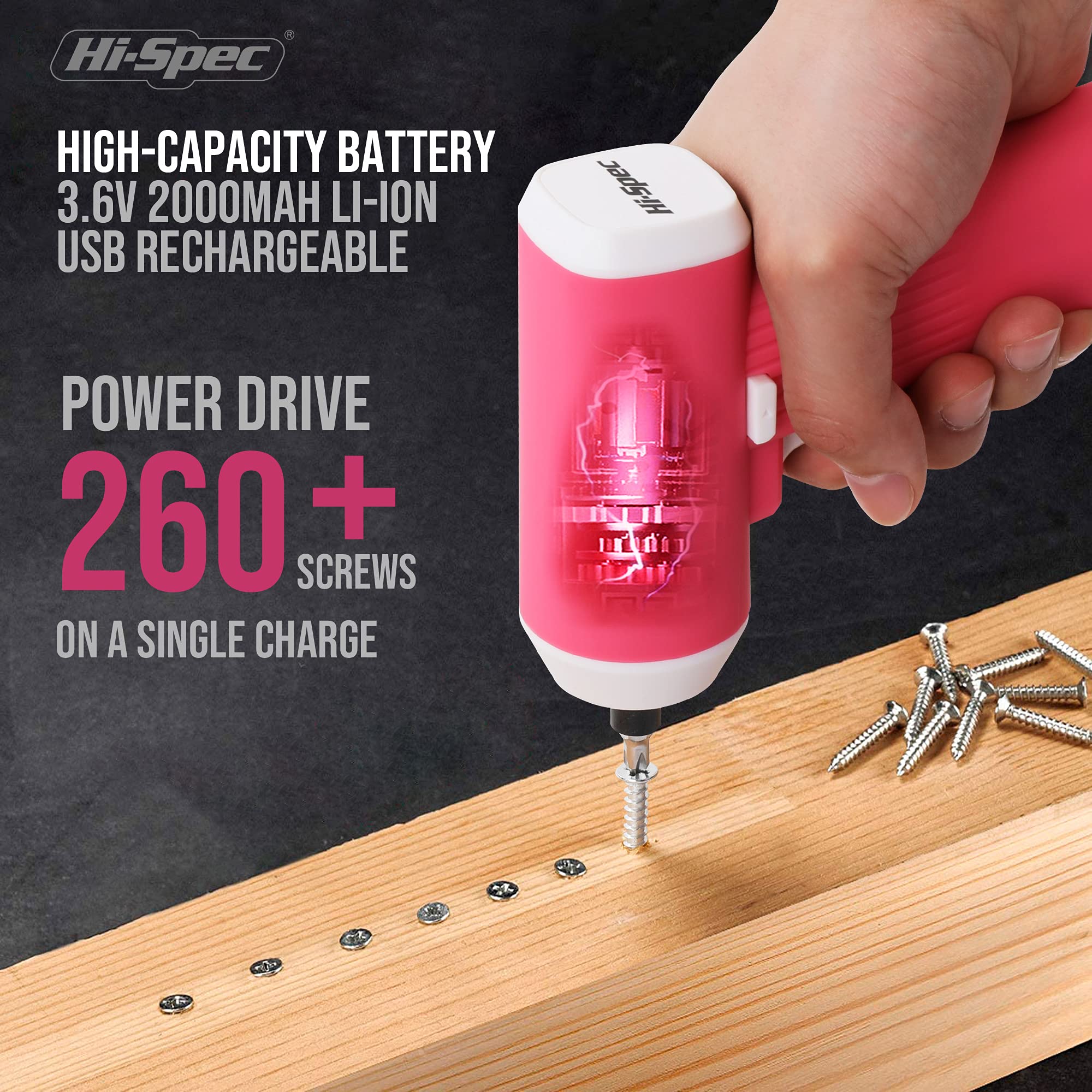 Hi-Spec 34pc 3.6V Pink USB Small Power Electric Screwdriver Set for Women. LED Light, Li-ion Battery, Cordless & Rechargeable with Driver Bit Set.