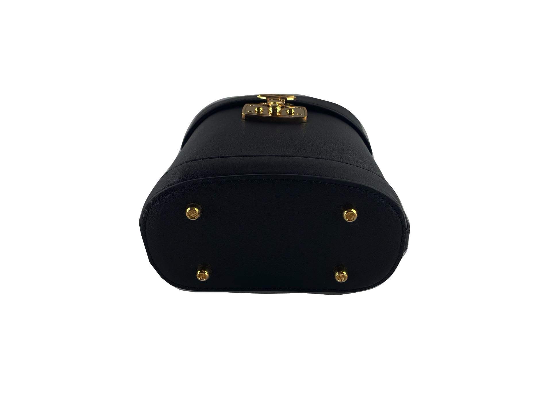 UScarmen Women's Calfskin Leather Top Handle Binocular Box Bag Black Brown (Black)