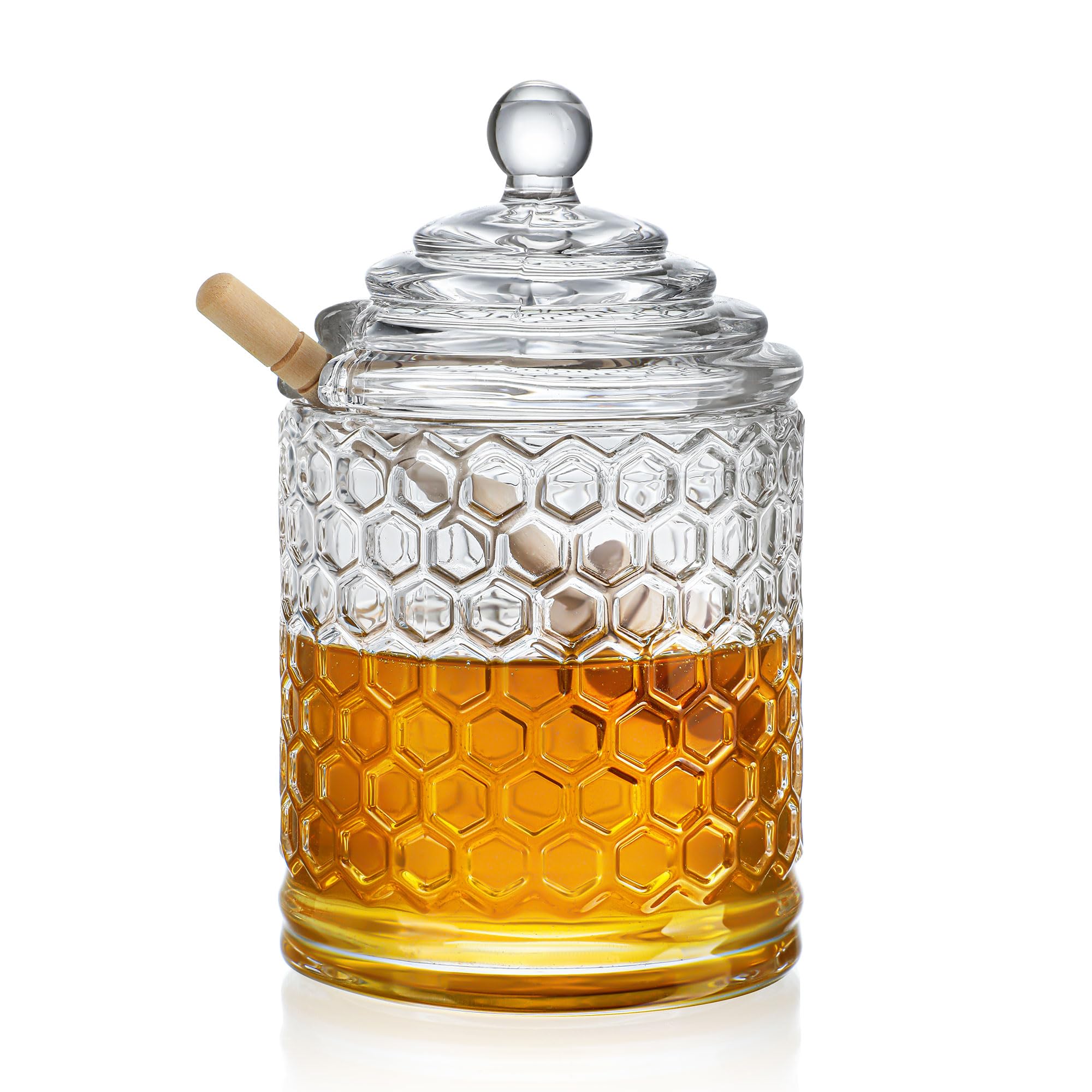 kanpura Clear Crystal Honey Pot with Dipper and Lid,Glass Honey Jar with Dispenser, Glass Honey and Syrup Container for Home Kitchen