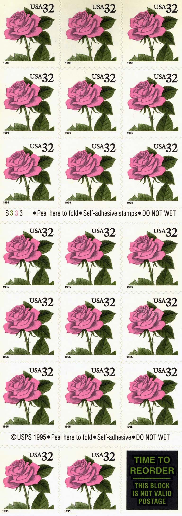 USPS 1995 Pink Rose Full Booklet Pane of 20 x 32 Cent Postage Stamps Scott 2492a