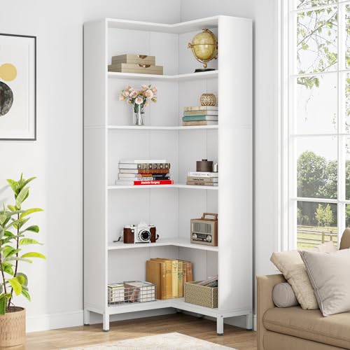 LITTLE TREE 70.8-in Tall Bookcase, 6-Tier White L-Shaped Bookshelf, Modern Corner Bookcase Bookshelf, Freestanding Display Storage Rack with Back Panel for Living Room, Bedroom