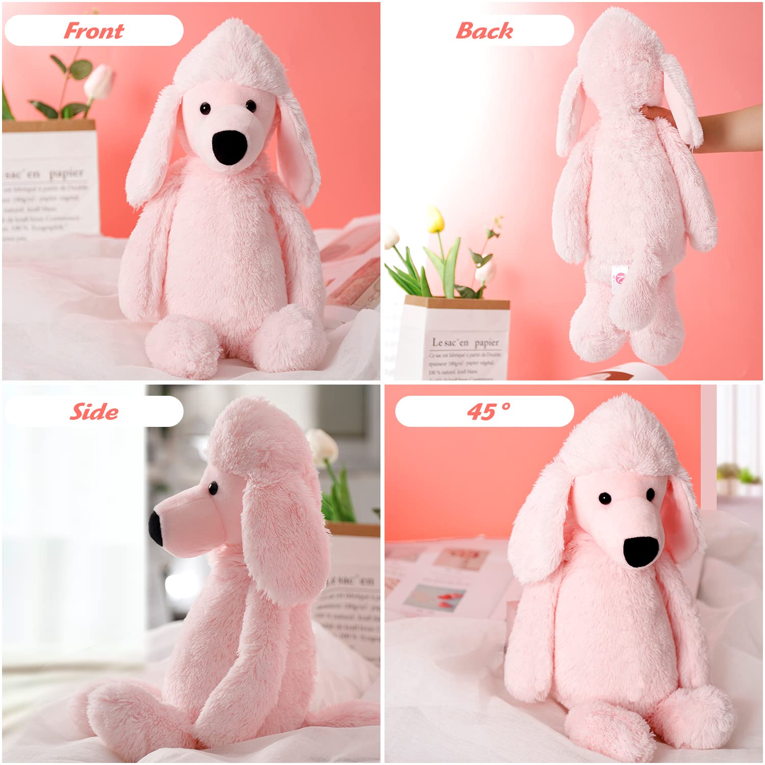 Poodle Plush Toy, 16 inch Stuffed Animal Throw Plushie Pillow Doll, Soft Pink Fluffy Puppy Dog Hugging Cushion - Present for Every Age & Occasion, Pink Poodle
