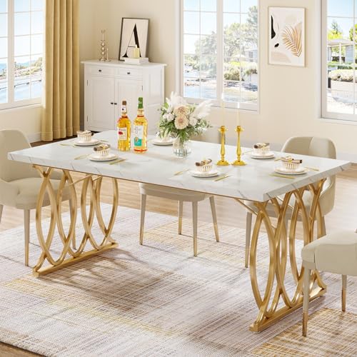 LITTLE TREE Modern Dining Table for 4-6 People, 63" Large Rectangular Kitchen Table with Faux Marble Tabletop and Geometric Legs, Unique Dinner Table Kitchen & Dining Room Furniture