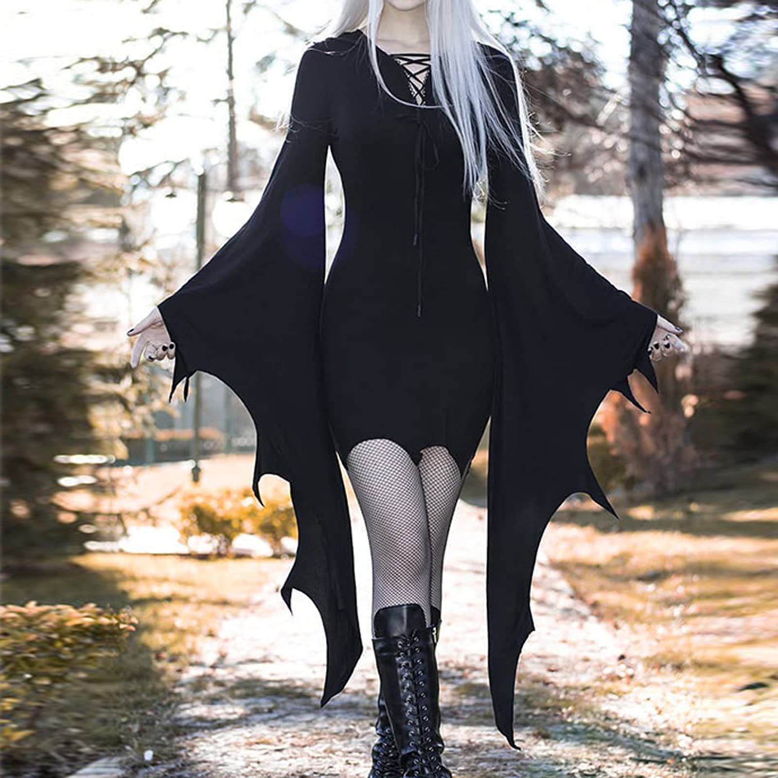 FRETRG Halloween Dresses for Women Autumn V-Neck Solid Sexy Slim Batwing Sleeve Bandage Black Mini Tunics Dress (Black, M)