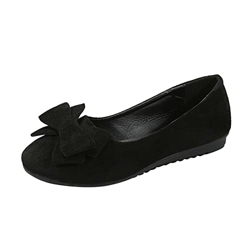 FASDNENDYS Ladies Fashion Solid Color Flock Bow Round Toe Comfortable Flat Casual Shoes Casual Flat Leather Shoes for Men Black