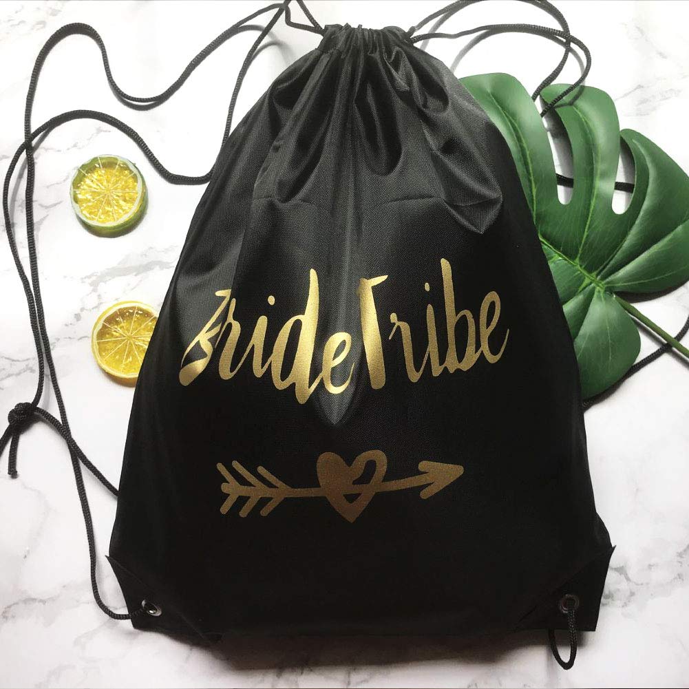 Snogisa 7 Pieces Bride and Bride Tribe Drawstring Bags, Drawstring Bachelorette Party Backpacks,Wedding Drawstring Gift Bag for Bridal,Perfect for Hangover Kit for Bride and Bridesmaids (Black)