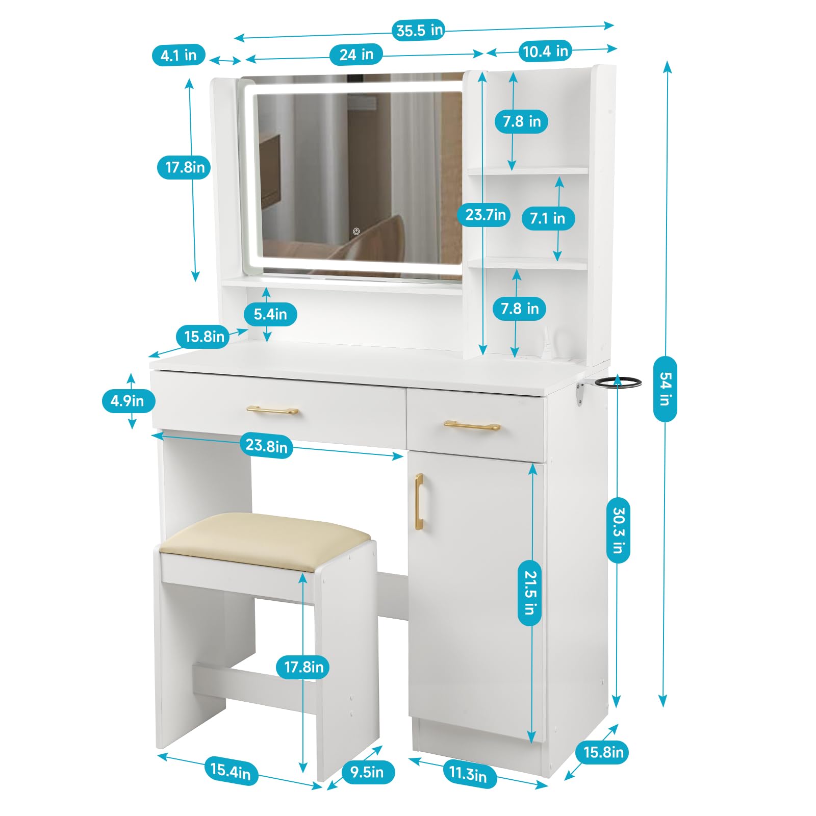 QUALIKRAFT Vanity Set, Vanity Desk with Mirror and Lights, Vanity Desk with Drawers, Vanity with Charging Station, Vanity with Chair, Vanity with Storage, White Vanity, Makeup Vanity,Bedroom Vanity