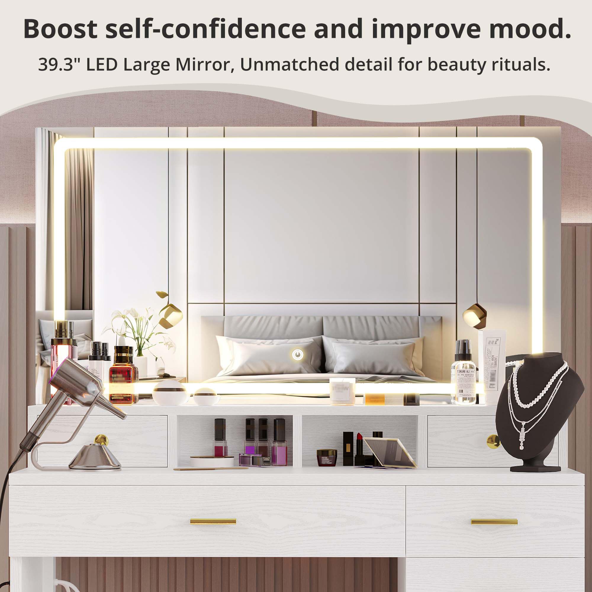 IRONCK Vanity Desk with LED Mirror and Lights and Power Outlet, Modern 8 Drawers Makeup Vanity Table with Storage Stool, for Bedroom, White