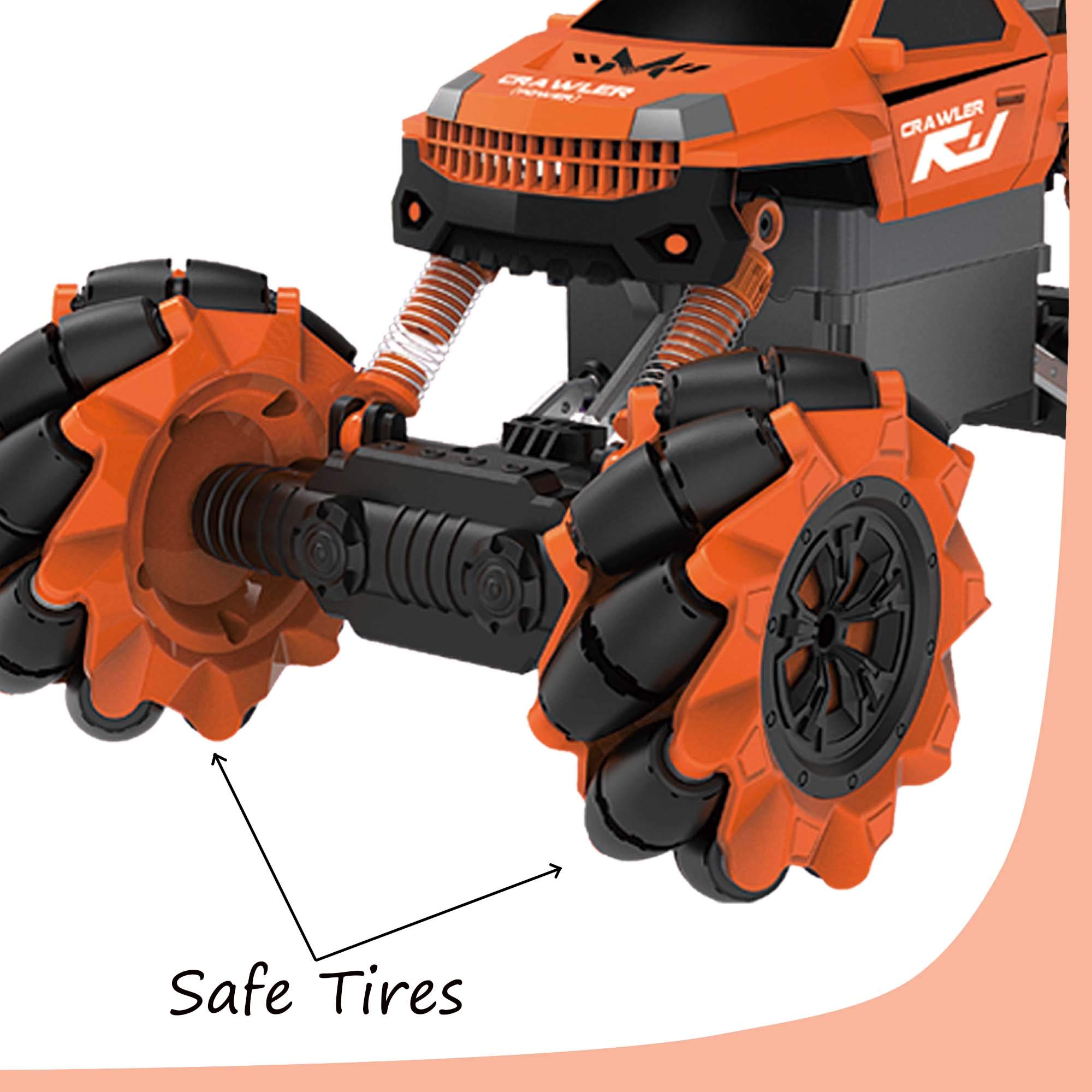 Vaiyer RC Rechargeable, Remote Control Stunt Car for Kids w/ 2-in-1 Interchangeable Toy Bubble Blaster and Water Gun Tops, Rock Crawler Off Road Vehicle w/ 360 Degree Movement (Orange)