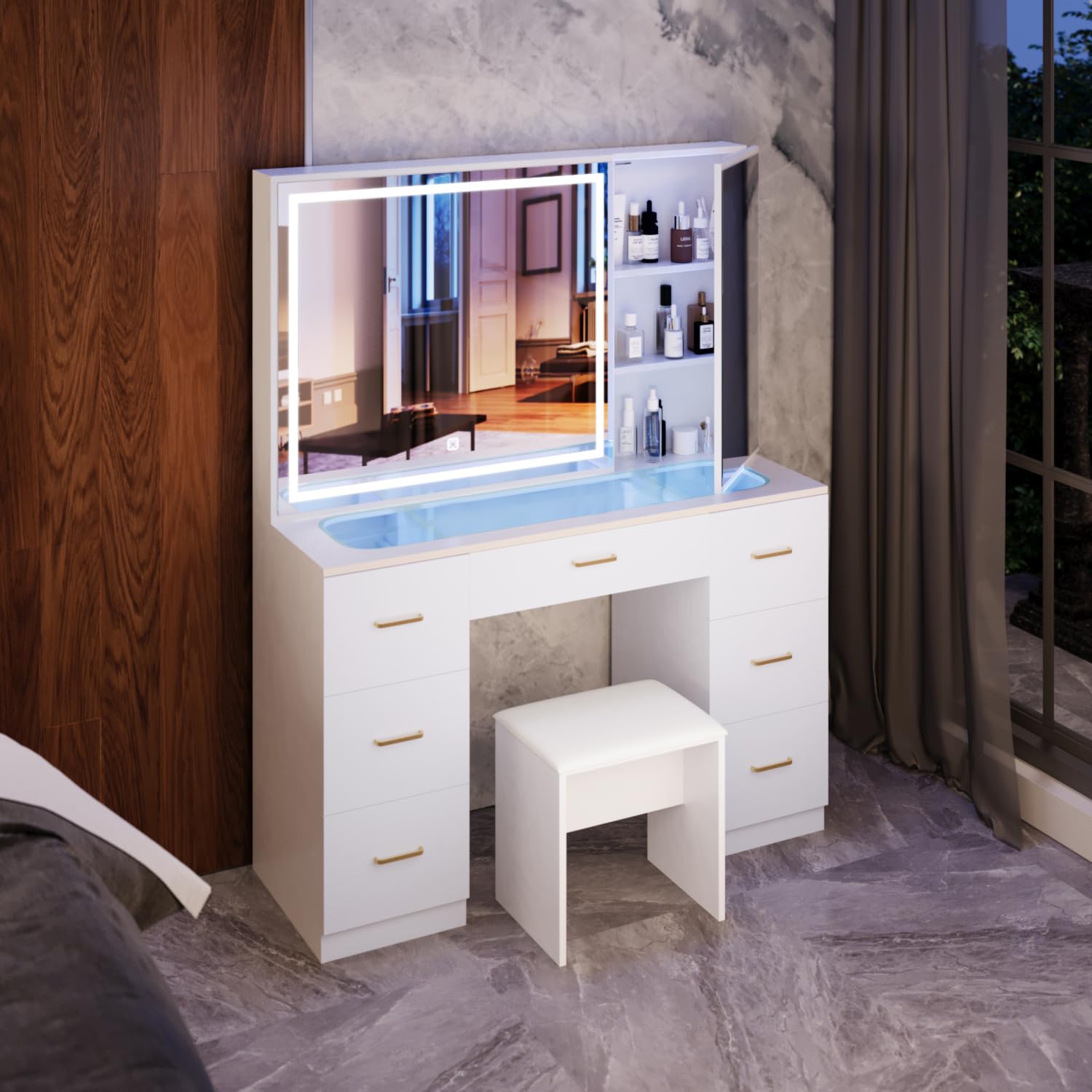 Jartoil Large Lighted Vanity Desk, 7 Drawers & Transparent Glass Tabletop, Adjustable Lighting - for Women, Girls (White-Glass Tabletop)