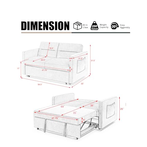 Livavege 3-in-1 Sofa Bed, Convertible Loveseat Sleeper with Adjsutable Back and Two Arm Pocket, Modern 2-Seat Pull Out Futon Couch for Living Room Bedroom, Office, Apartment