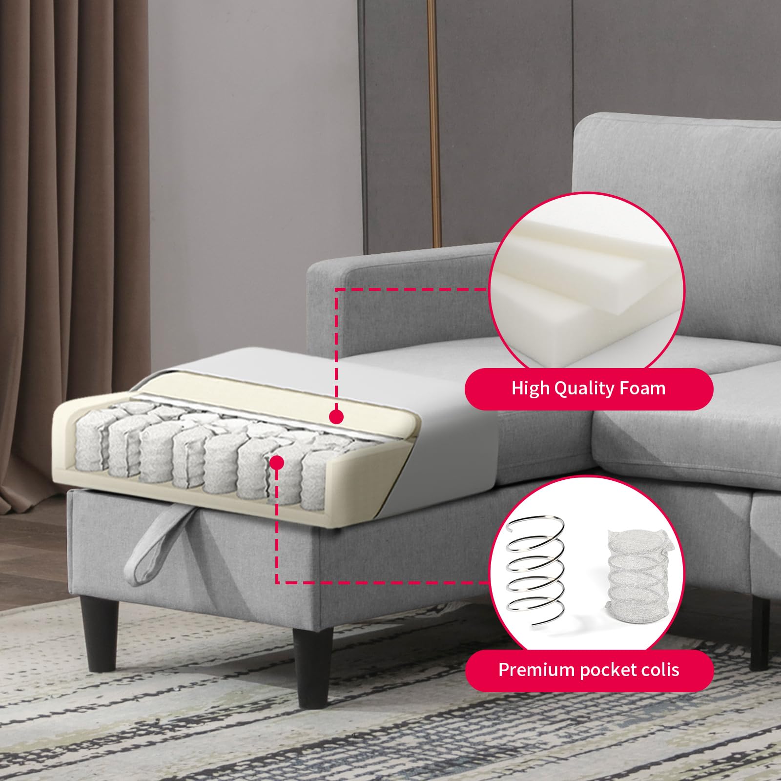 MUZZ 85" Oversize Modular L-Shaped Sofa with Storage Chaise,Combination Sofa with Movable Ottoman and Modern Linen Fabric,3-Seat Sectional Couch for Living Room and Office,Light Grey