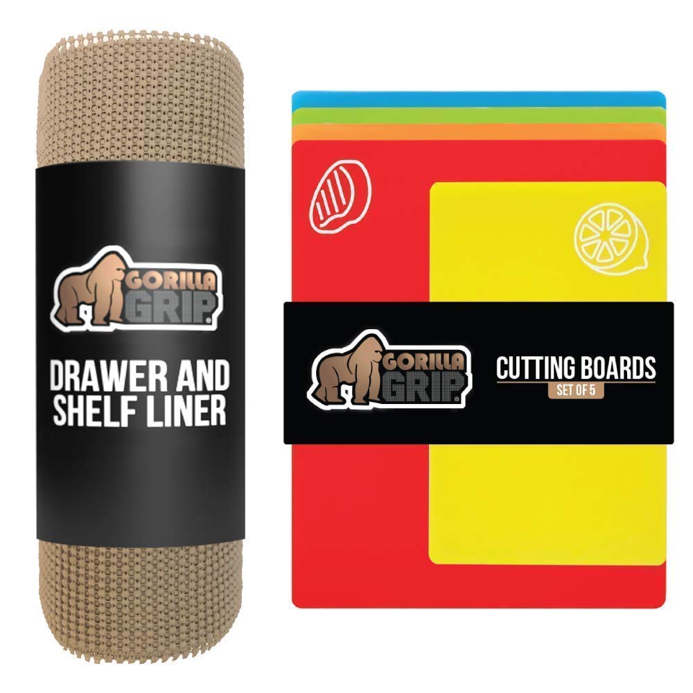 Gorilla Grip Drawer Liner and Flexible Cutting Board Set of 5, Drawer Liner Size 17.5x20 in Beige, 2 Item Bundle