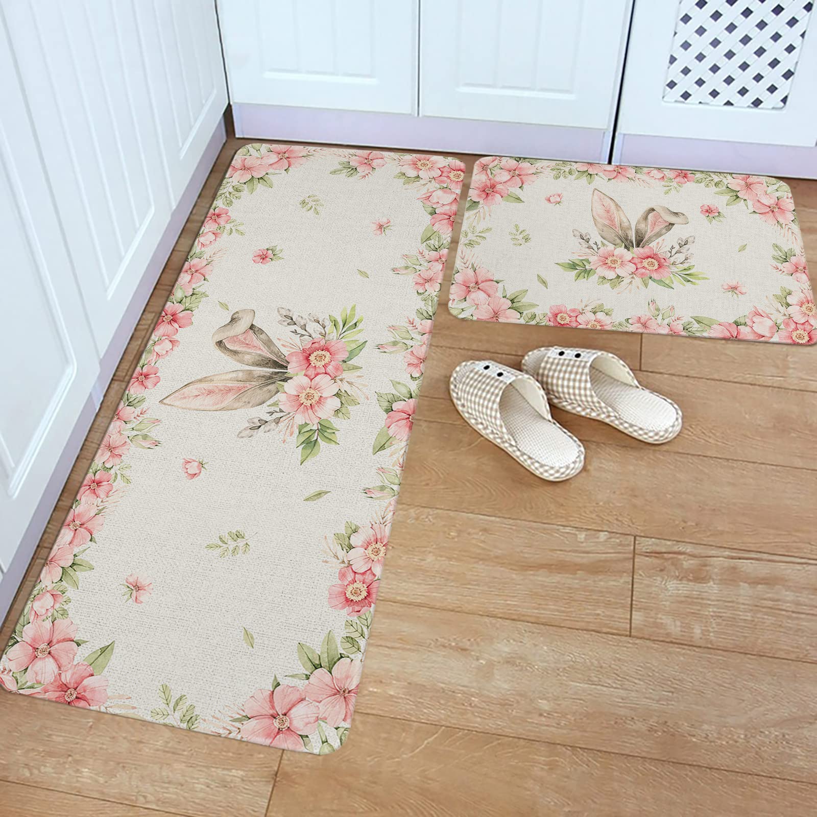 Easter Bunny Ears Kitchen Mats and Rugs Set of 2, Spring Watercolor Flowers Washable Absorbent Kitchen Runner Rug Carpet Anti-Fatigue Comfort Mat for Kitchen Bathroom Laundry 20x31.5+20x47