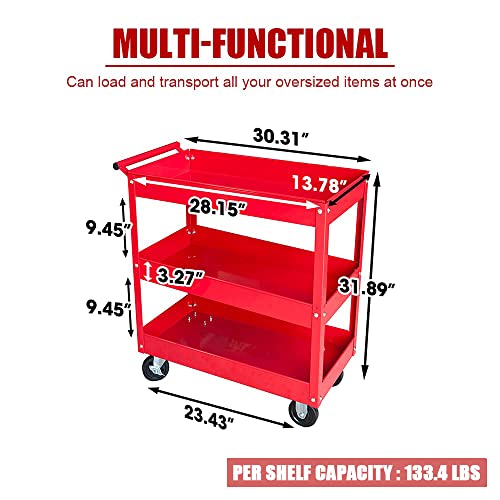HPDMC 400 LBs Capacity 3 Shelf Steel Service Utility Cart/Steel Tool Service Push Cart, Red