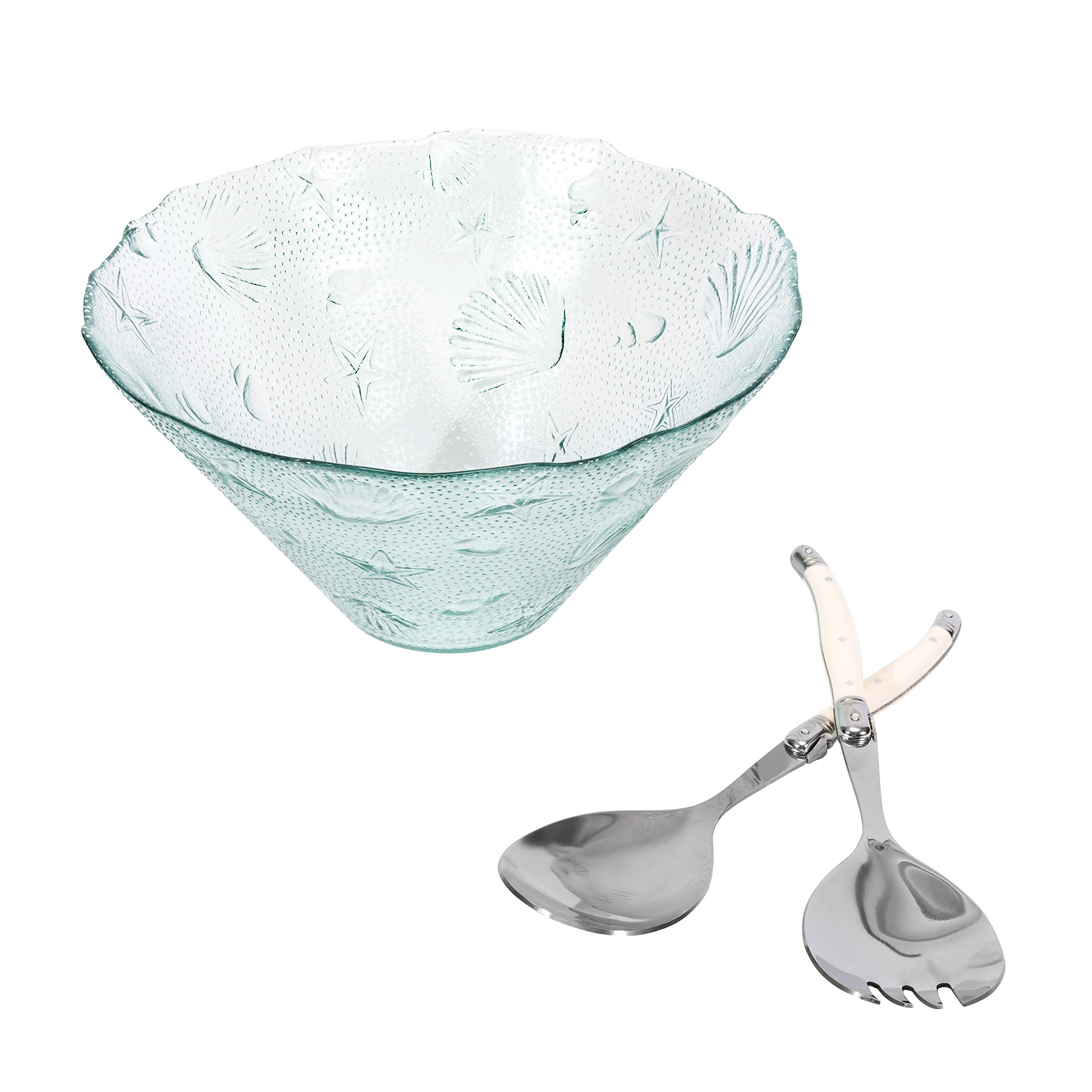 French Home Recycled Clear Glass 12" W x 6" H, Coastal Salad Bowl and Laguiole Salad Servers with Faux Ivory Handles