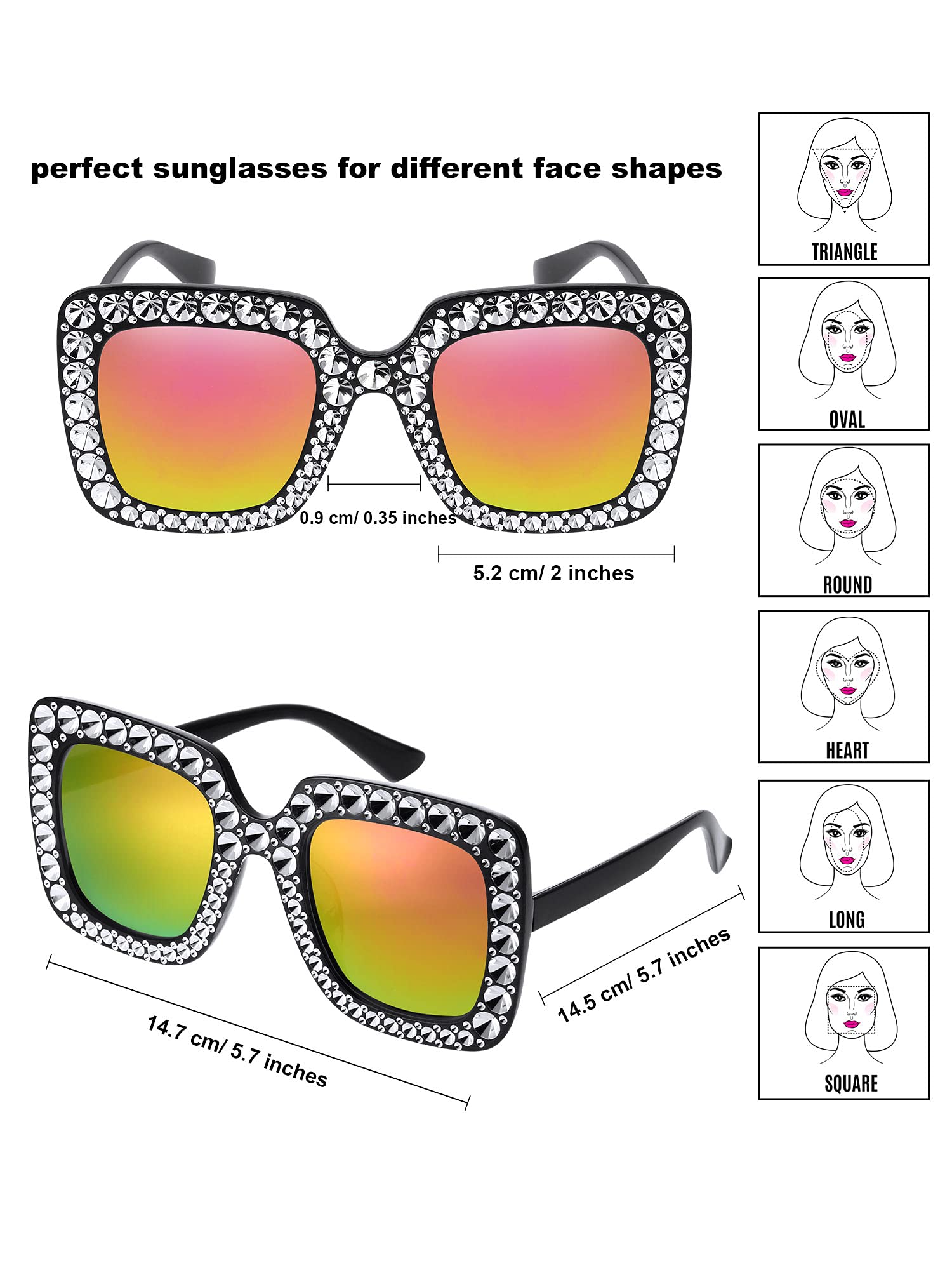 Frienda Crystal Oversized Sunglasses Square Diamond Sunglasses Rhinestone Frame Sunglasses for Women (Chic Colors,12 Pairs)